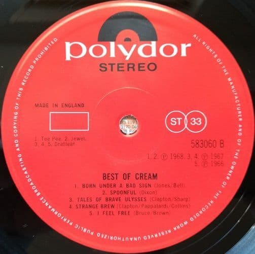 CREAM Best Of Cream Vinyl Record LP Polydor 1969